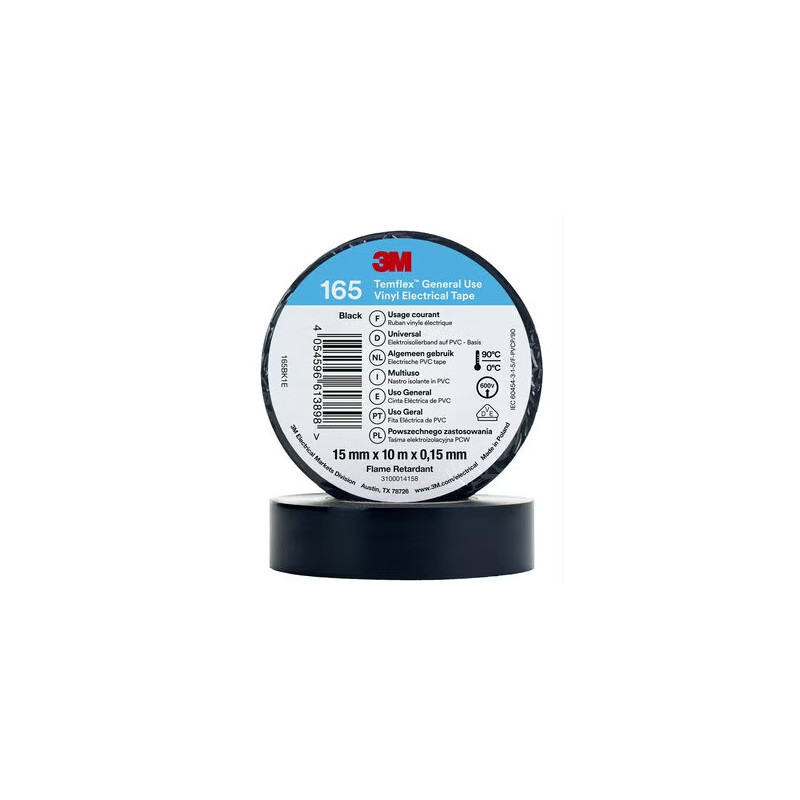 3M 80456N - Ruban électrique vinyle 3M Temflex 165 Noir 15 mm x 10 ml