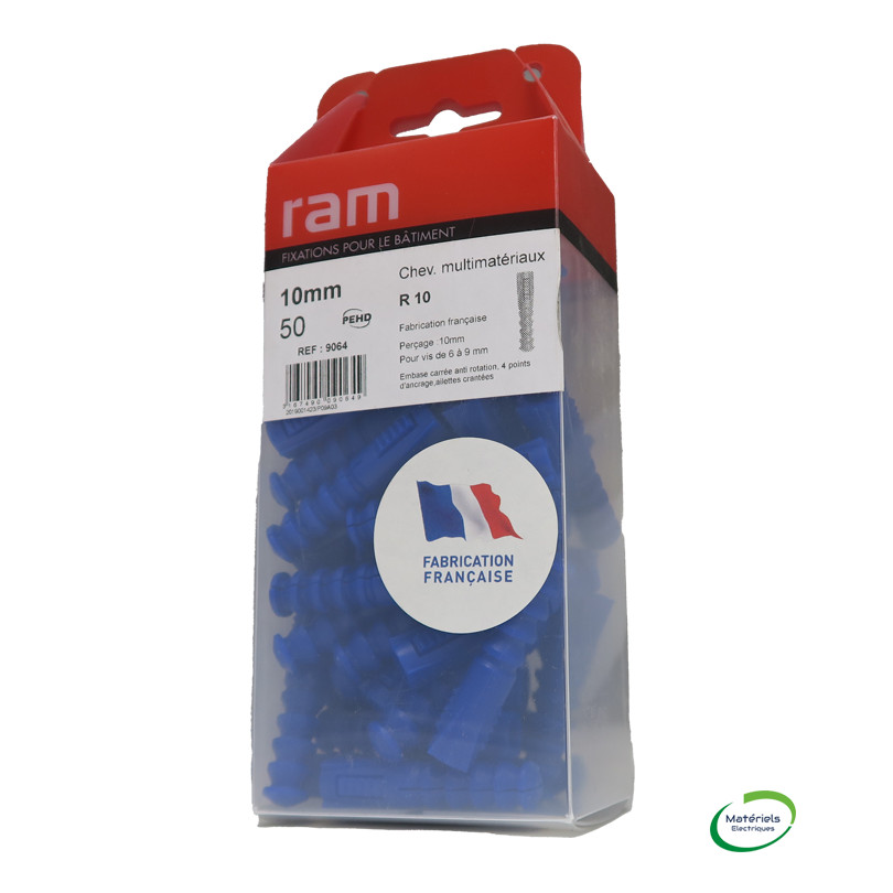 RAM 9064 - Chevilles sans collerette 10mm bleue - Boite de 50 pcs